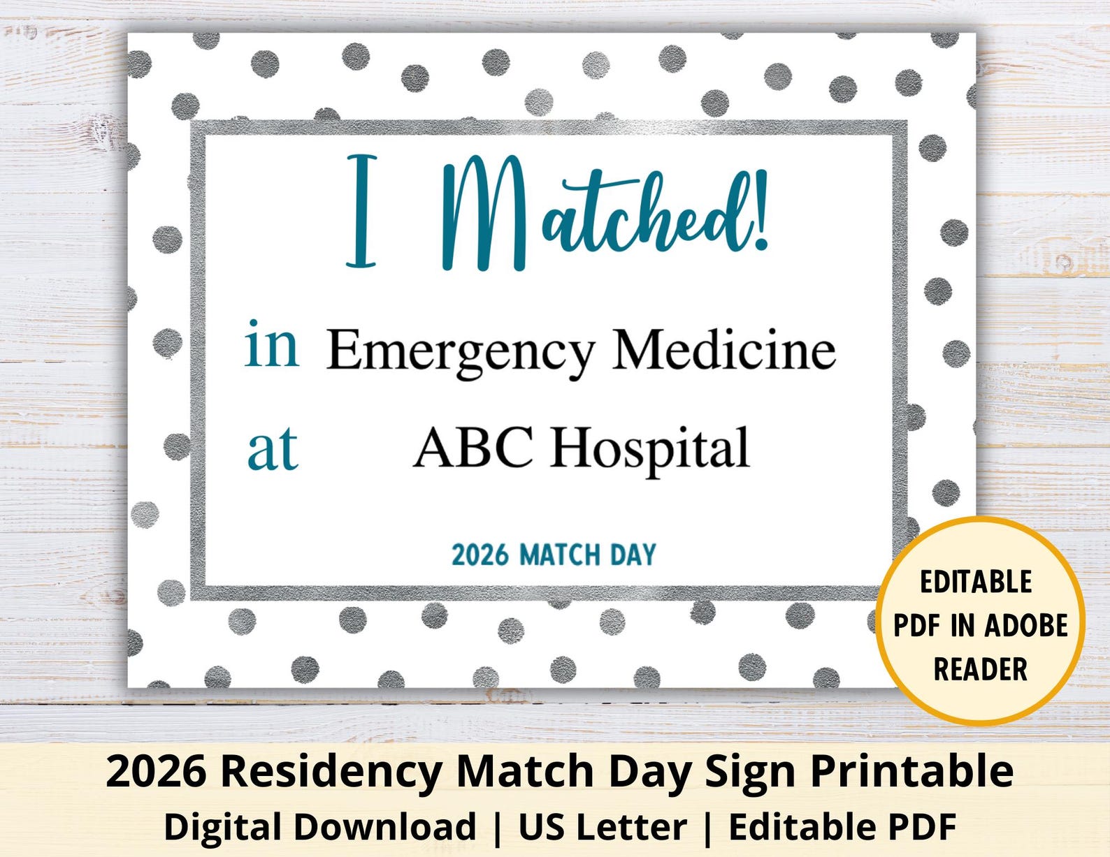 Editable Residency Match Day Sign 2026 | Printable Silver I MATCHED ...