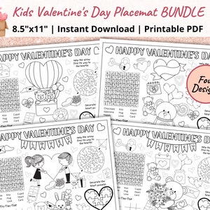 Kids Valentine Coloring Placemat Bundle | Printable Valentine's Day ...