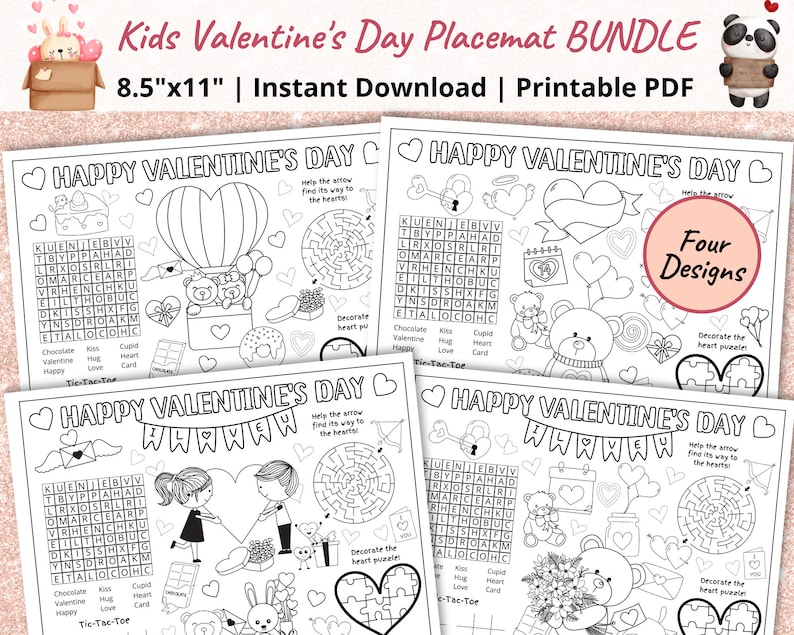 Kids Valentine Coloring Placemat Bundle | Printable Valentine's Day ...