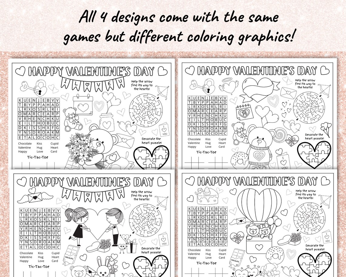 Kids Valentine Coloring Placemat Bundle Printable Valentine's Day ...