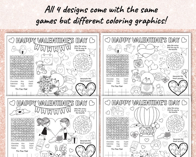 Kids Valentine Coloring Placemat Bundle Printable Valentine's Day ...