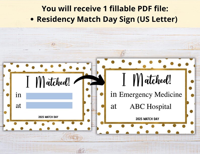 Editable Residency Match Day Sign 2025 | Printable I MATCHED Gold ...