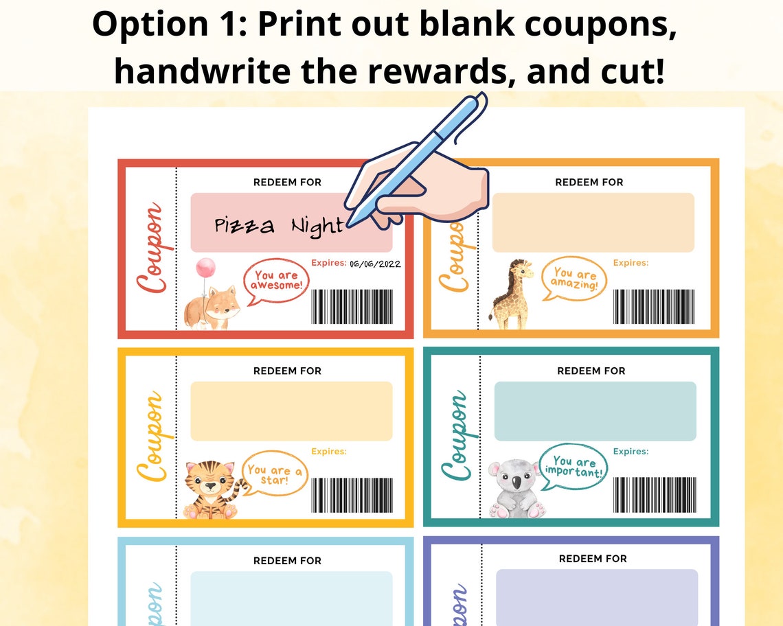 Editable Kids Coupons Printable Kids Reward Cards Animal Coupons ...