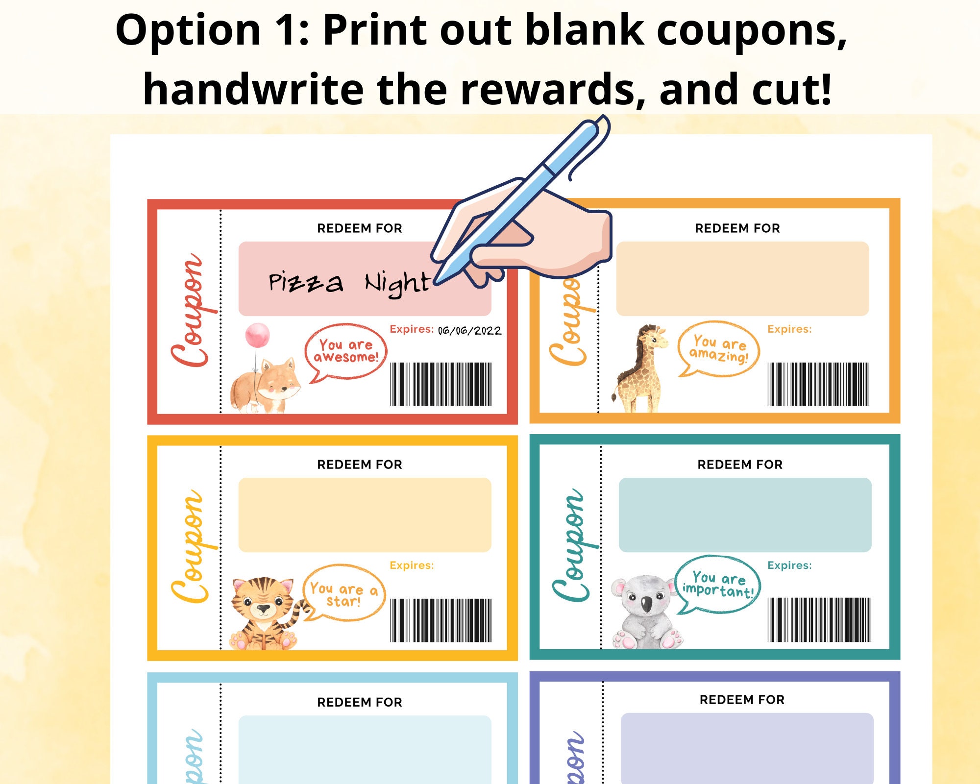 Editable Kids Coupons | Printable Kids Reward Cards | Animal Coupons ...