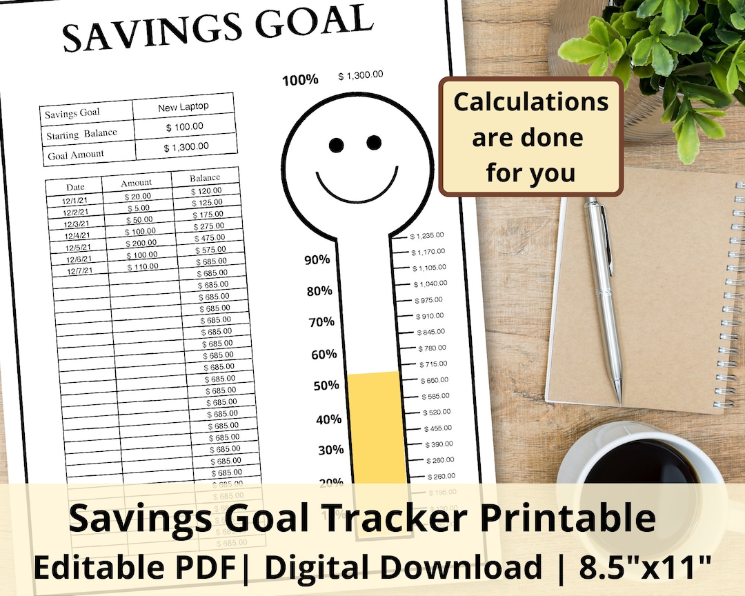 Savings Goal Tracker Printable | Fillable Savings Thermometer Tracker ...