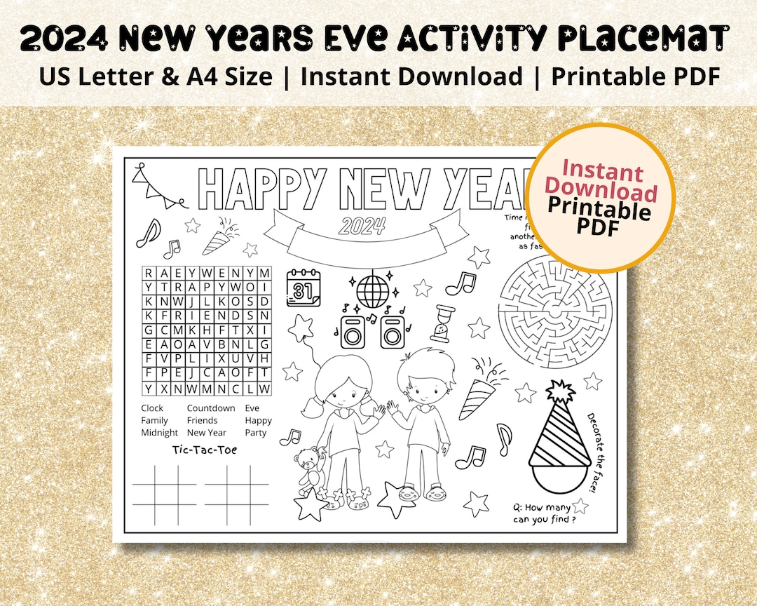 2024 New Years Eve Placemat | Printable Coloring Placemat for Kids ...