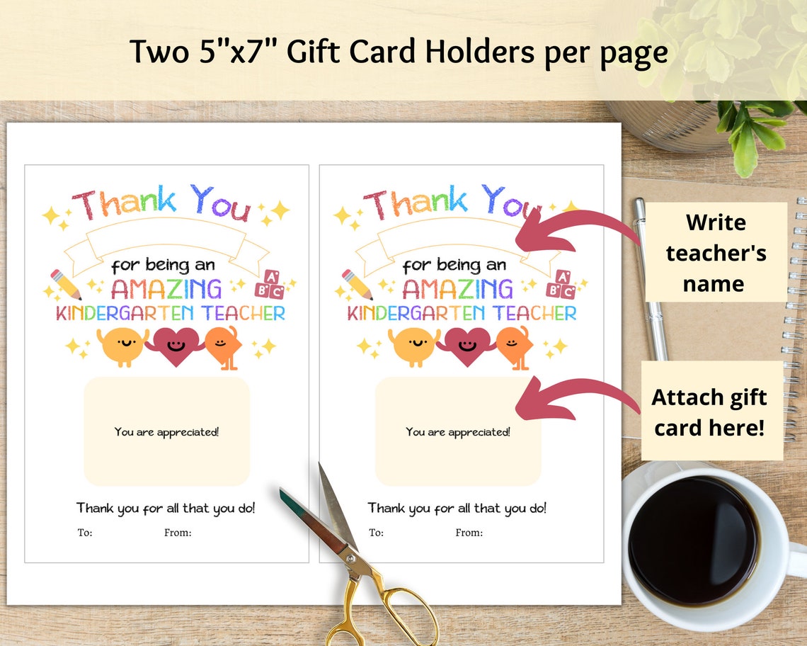Kindergarten Teacher Appreciation Gift Card Holder Printable Teacher ...