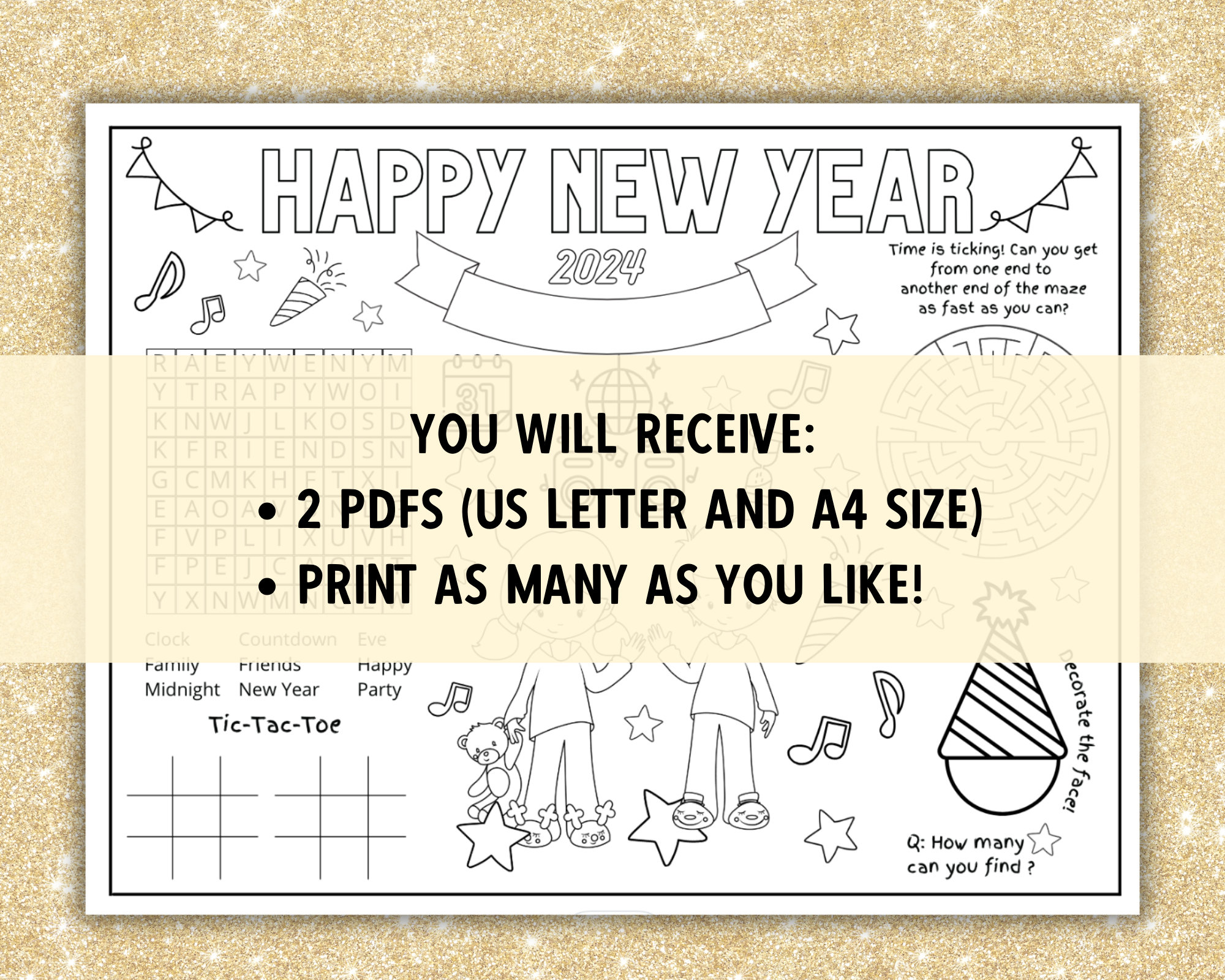 2024 New Years Eve Placemat | Printable Coloring Placemat for Kids ...