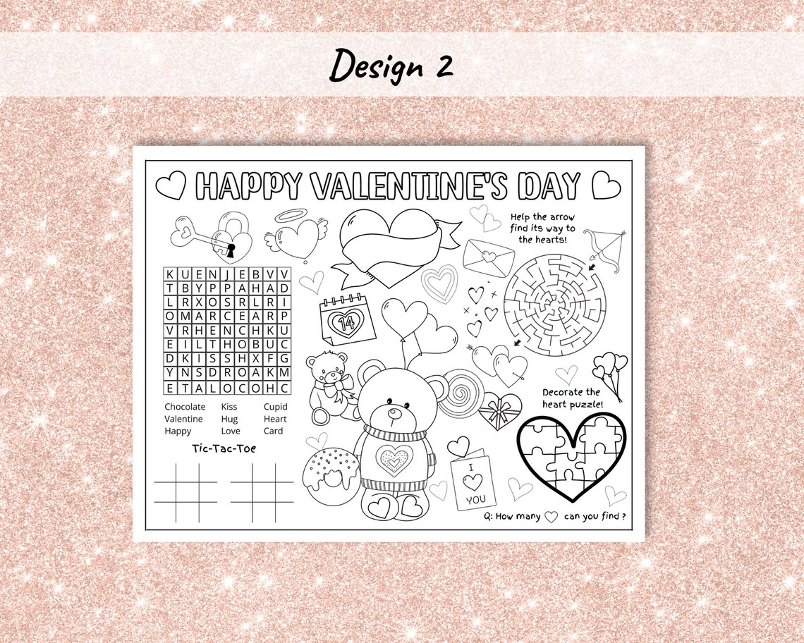 Kids Valentine Coloring Placemat Bundle Printable Valentine's Day ...