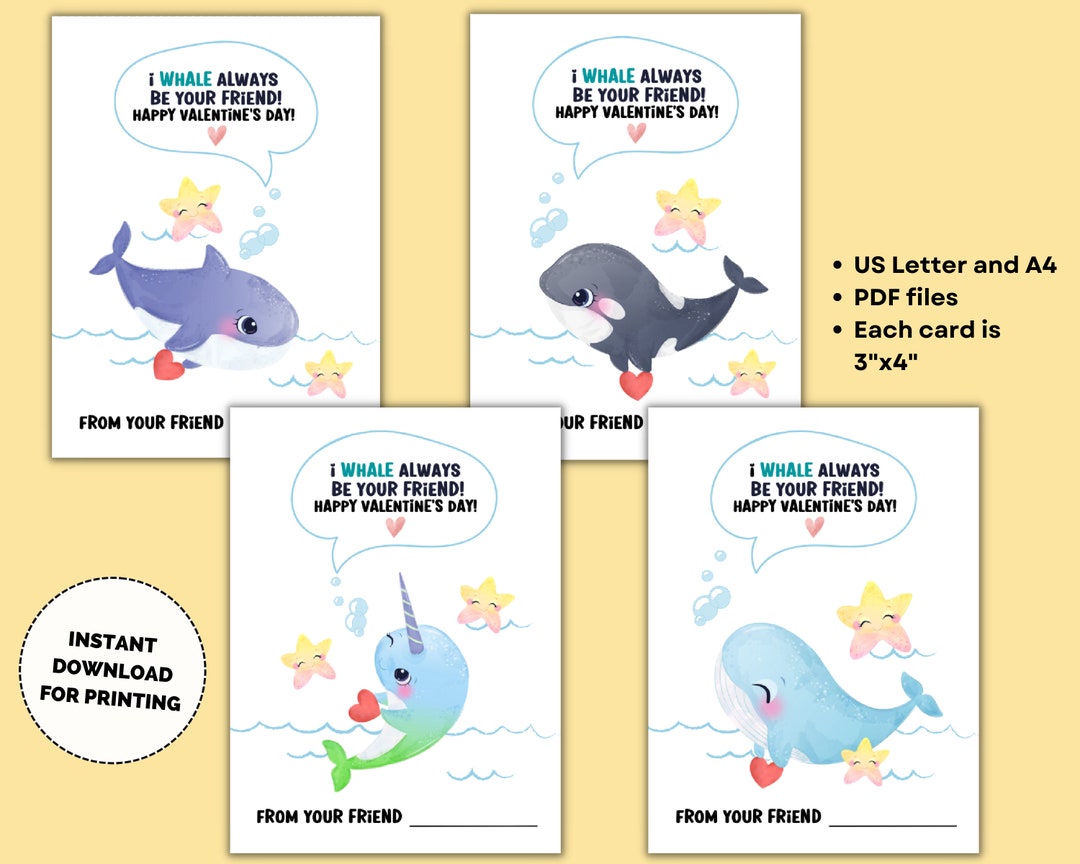 Printable Kids Whale Valentines Cards | Whale Gift Tags | Ocean Themed ...