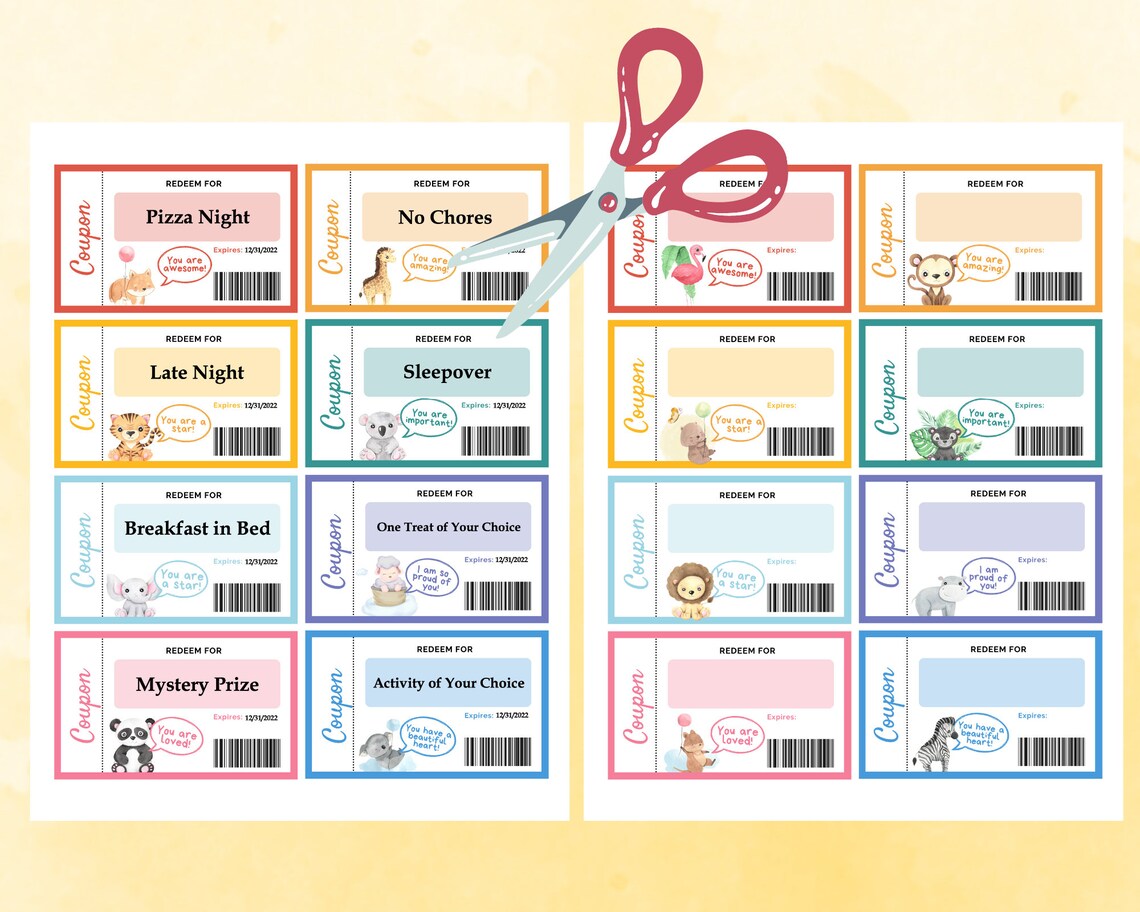 Editable Kids Coupons Printable Kids Reward Cards Animal Coupons ...
