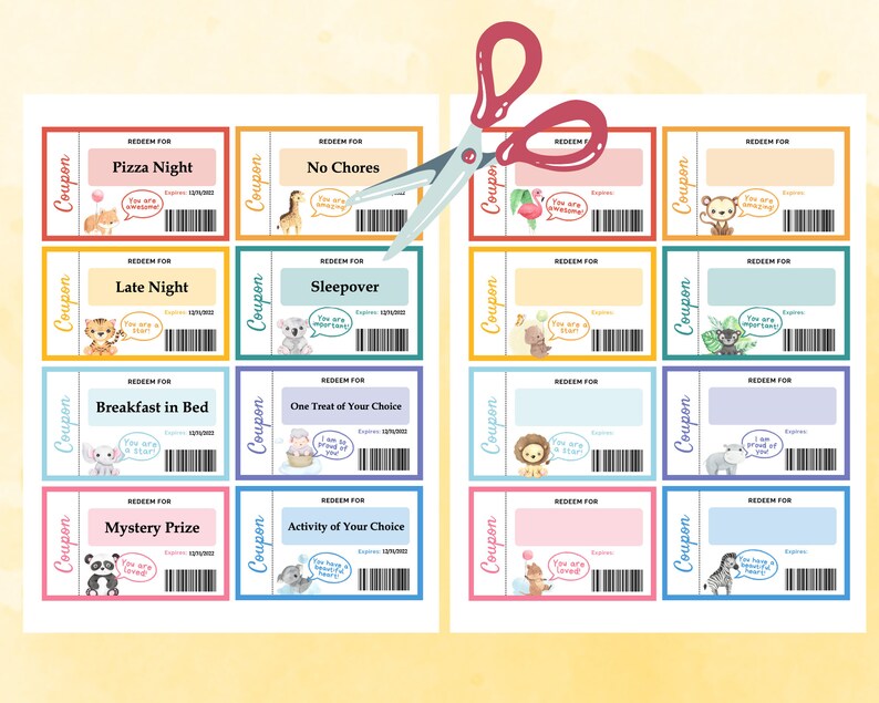 Editable Kids Coupons Printable Kids Reward Cards Animal Coupons ...