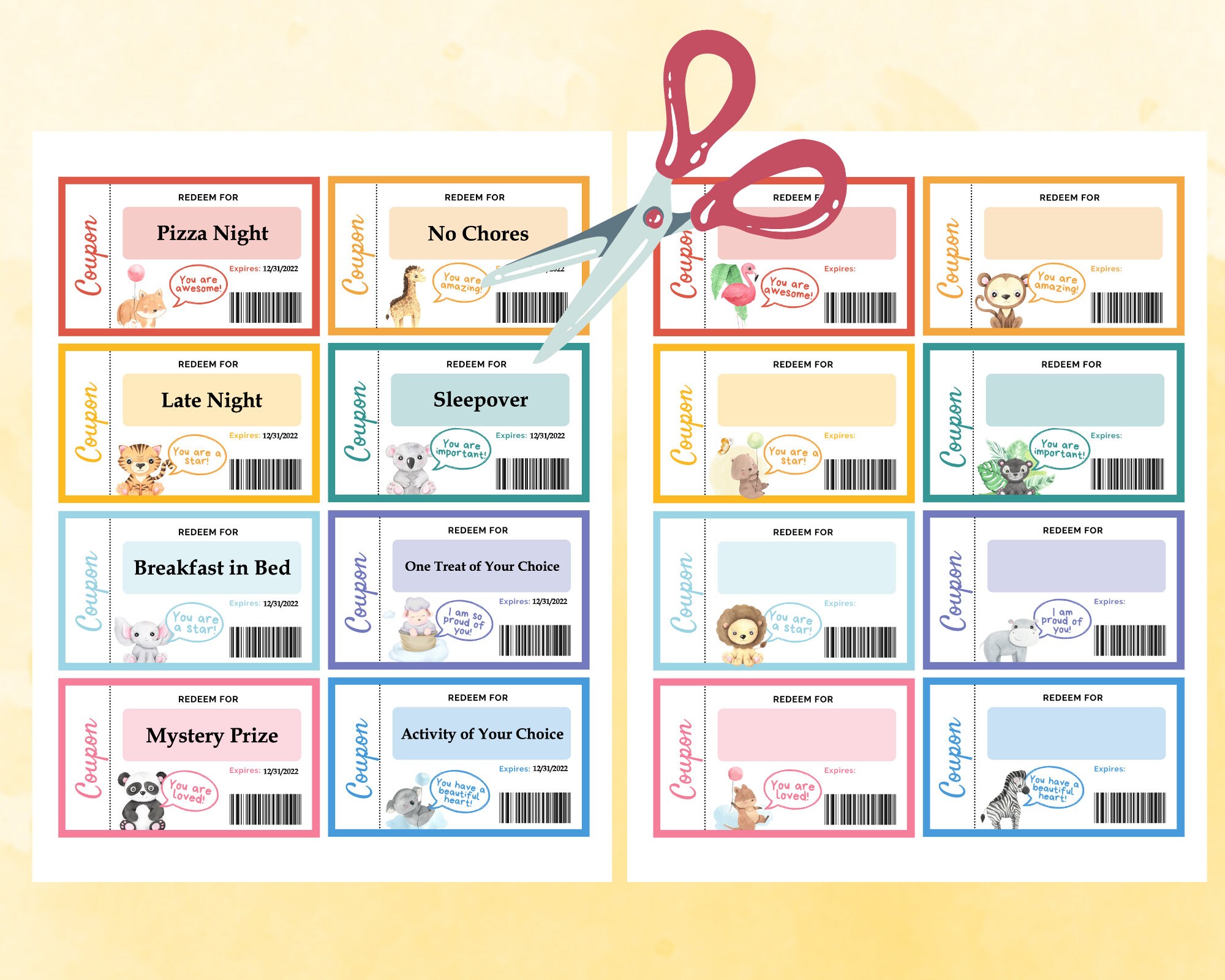 Editable Kids Coupons Printable Kids Reward Cards Animal Coupons ...
