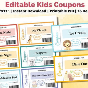 Editable Kids Coupons | Printable Kids Reward Cards | Animal Coupons ...