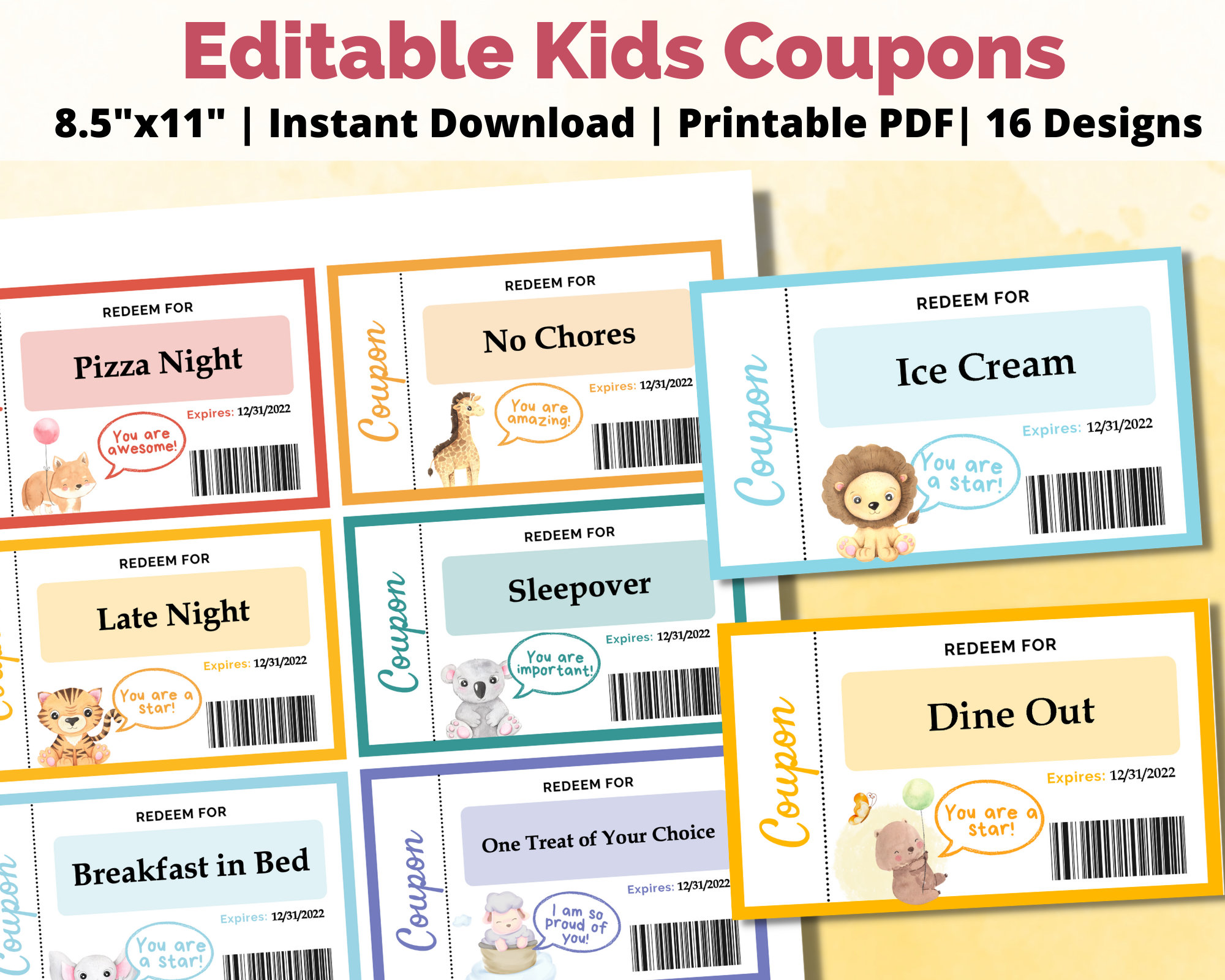 Editable Kids Coupons | Printable Kids Reward Cards | Animal Coupons ...
