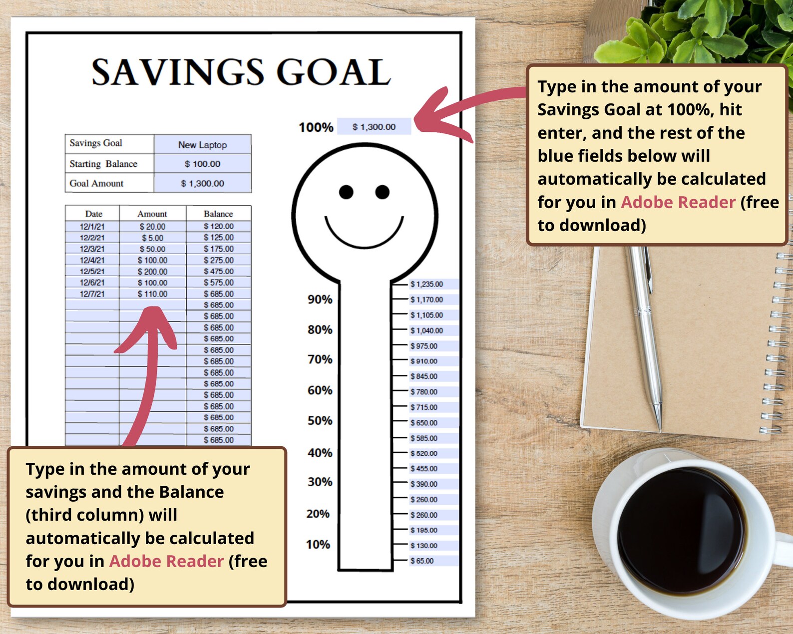 Savings Goal Tracker Printable | Fillable Savings Thermometer Tracker ...