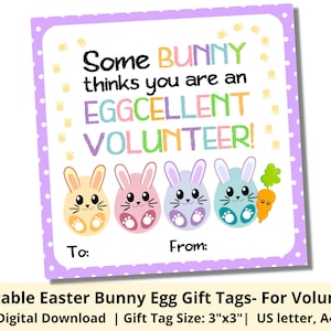 Easter Gift Tag for Volunteer | Printable Easter Bunny Volunteer Gift ...