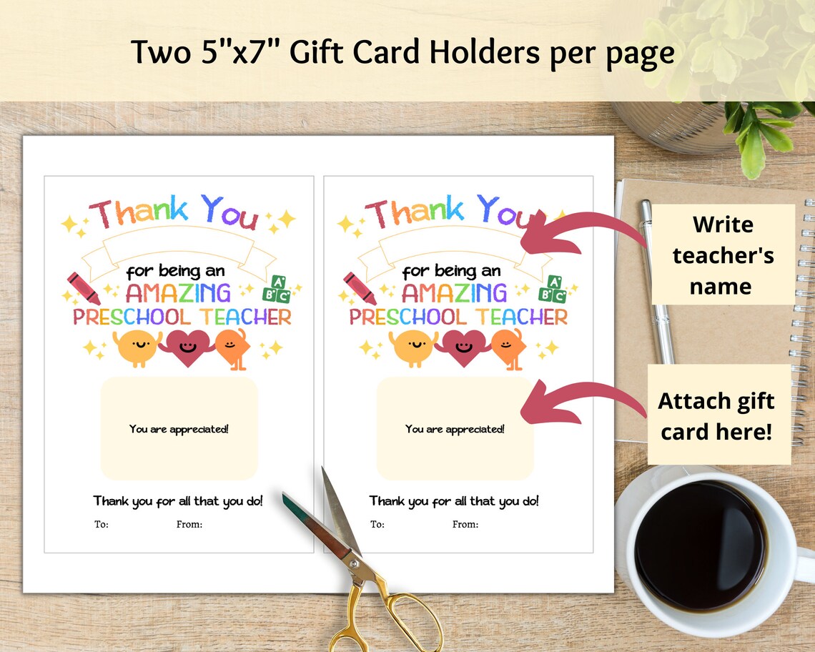 Preschool Teacher Appreciation Gift Card Holder Printable Daycare ...