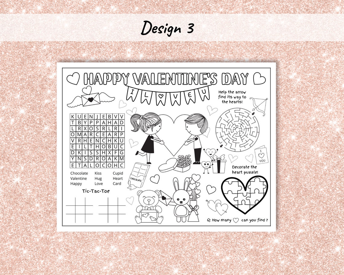 Kids Valentine Coloring Placemat Bundle Printable Valentine's Day ...