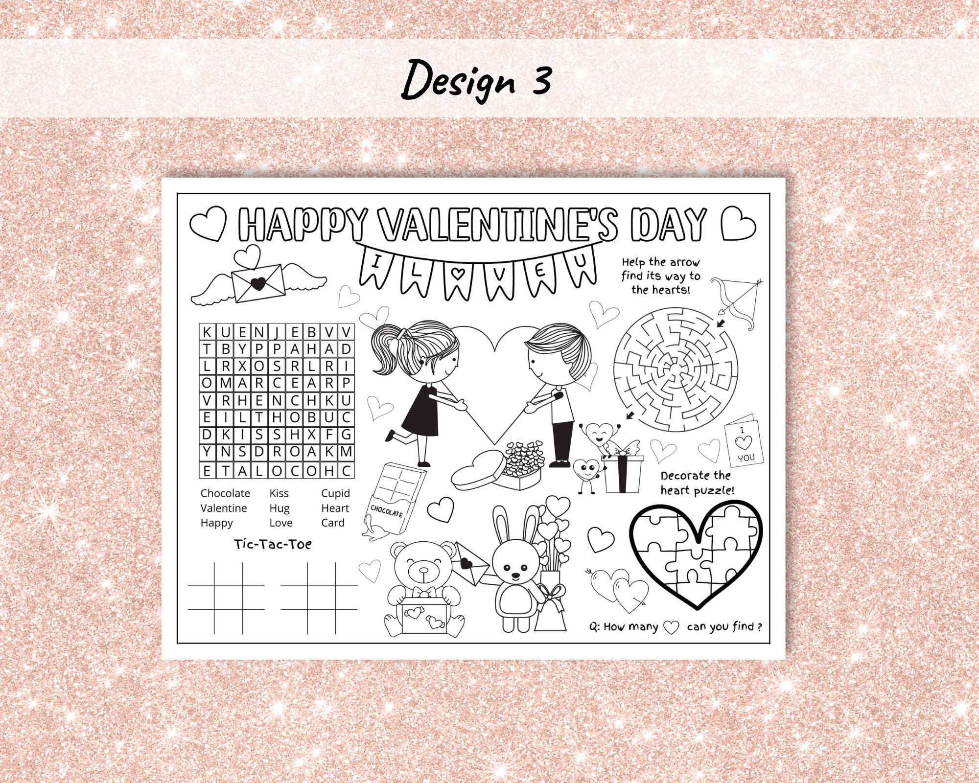 Kids Valentine Coloring Placemat Bundle Printable Valentine's Day ...