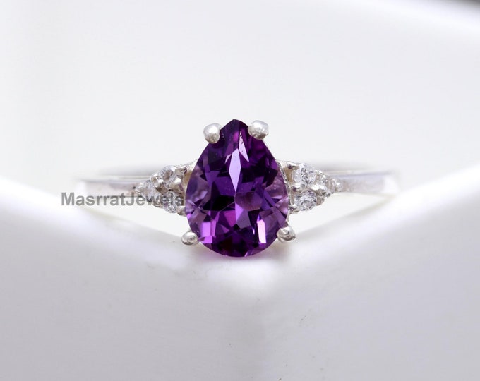 Purple Amethyst Ring, Sterling Silver Ring, Gold Plated Ring, Pear Amethyst Ring, Handmade Ring ...