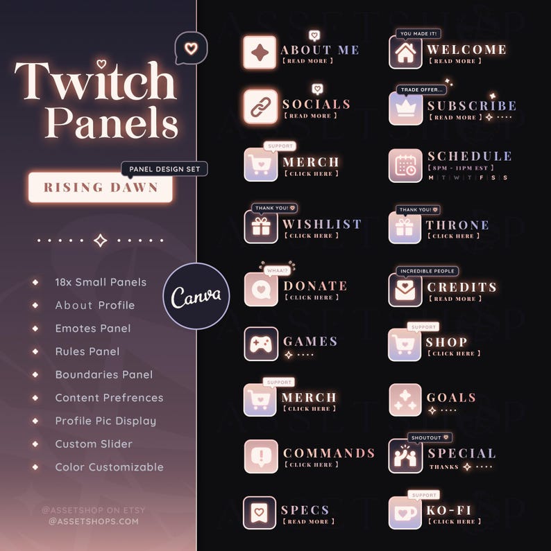 Rising Dawn Twitch Panels - Customizable Canva | Pink / Purple/ Golden ...