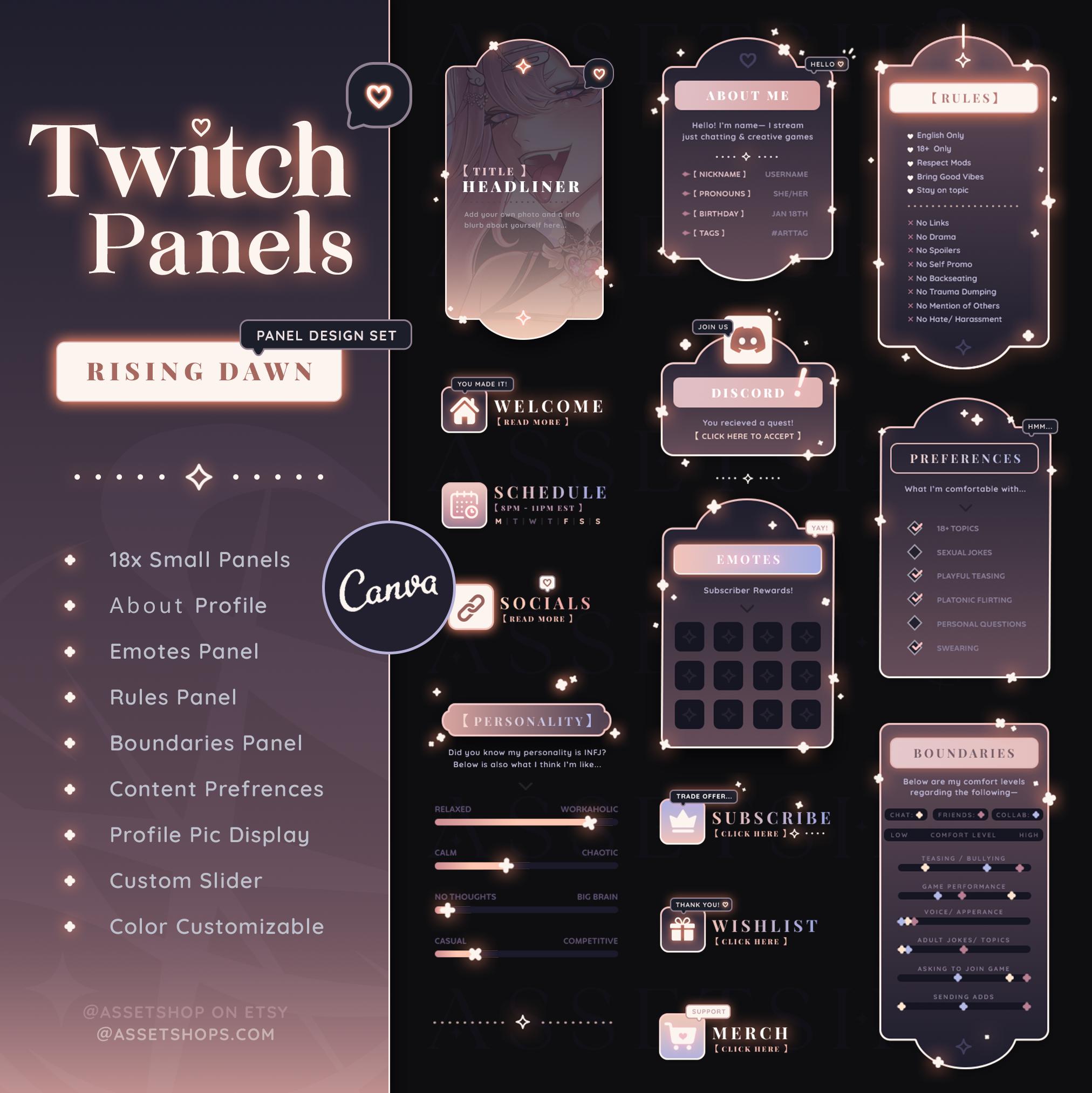 Rising Dawn Twitch Panels - Customizable Canva | Pink / Purple/ Golden ...