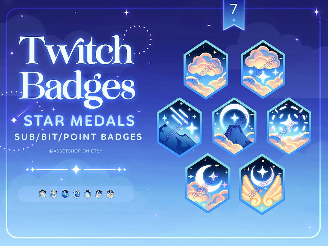 Star Medal Twitch Sub Badges | Moon Stars Sky Clouds | Blue | Aesthetic ...