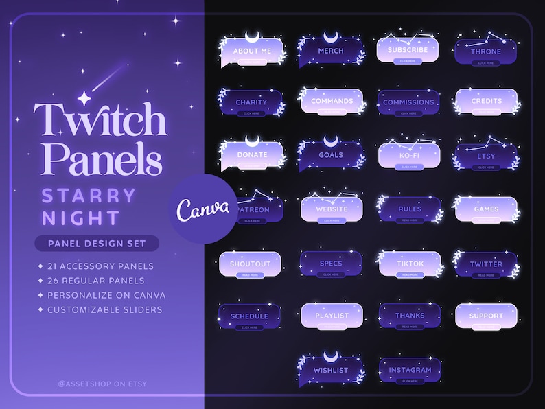 Starry Night Twitch Panels - Customizable Canva | Glowing Aesthetic ...