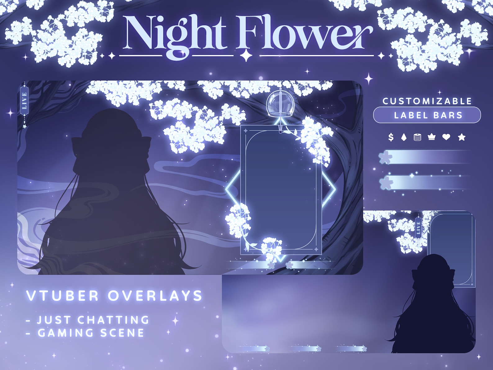 Night Flower Twitch Streamer Set Vtuber Overlay Background Glowing ...