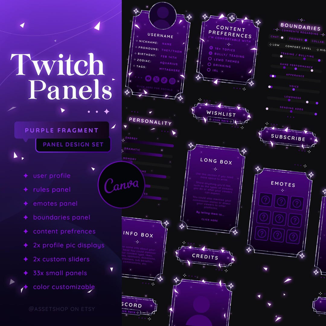 Purple Fragment Twitch Stream Panels - Custom Canva | Star Field | Glow ...