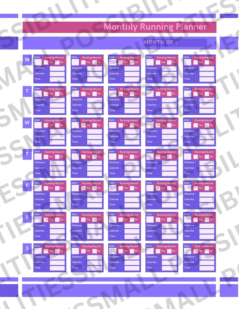 Monthly Running Planner Printable Cardio Workout Tracker Running Log ...