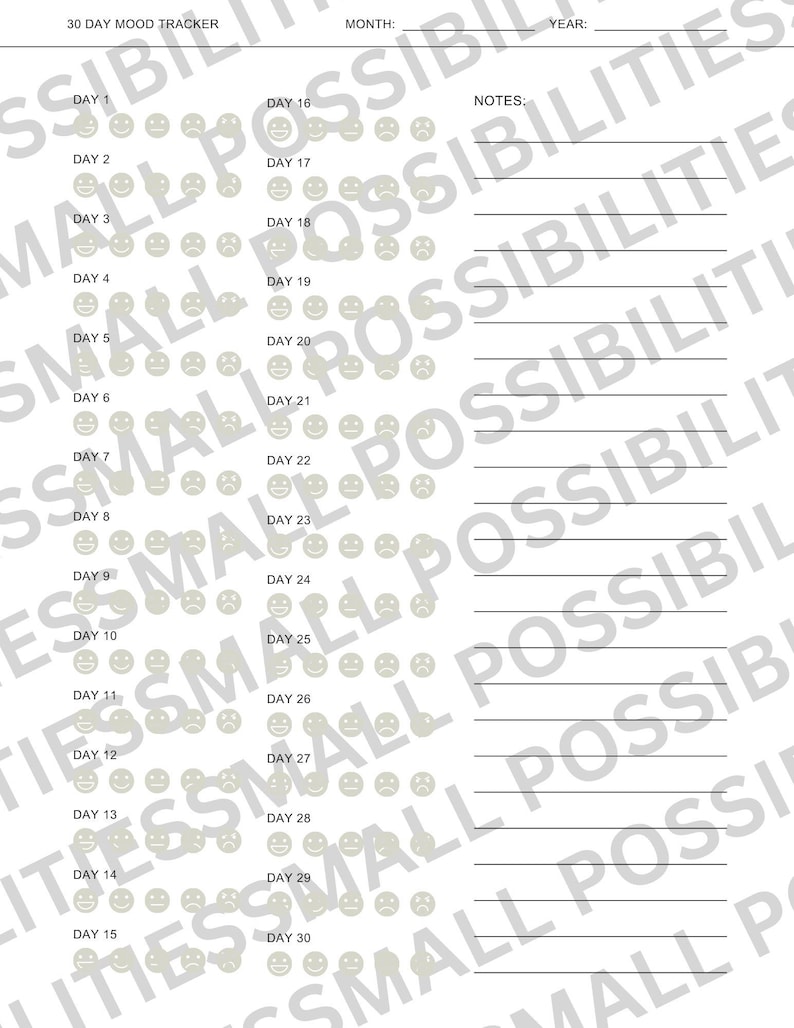 30 Day Mood Tracker Printable Mental Health Journal Self-care Planner ...