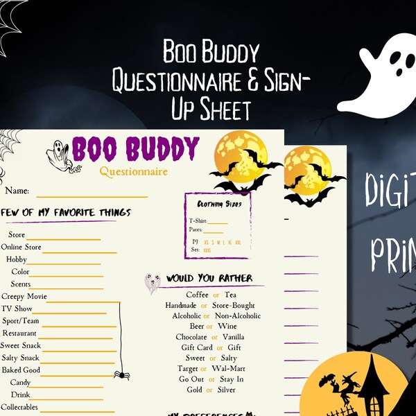 Boo Buddy Questionnaire, Gift Exchange Questionnaire, Halloween, Sign ...