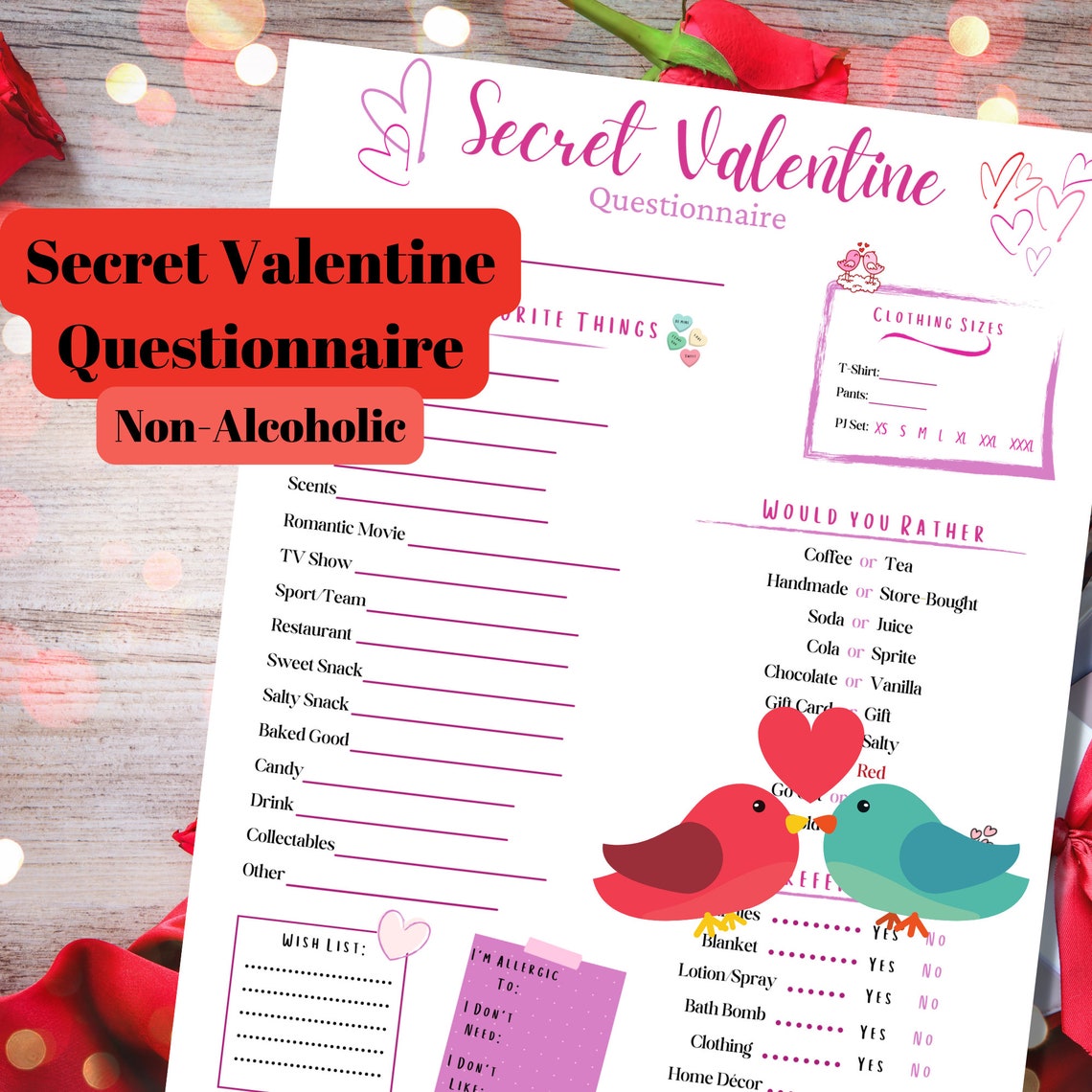 Secret Valentine Questionnaire, Non-alcoholic, Digital Print, Printable ...