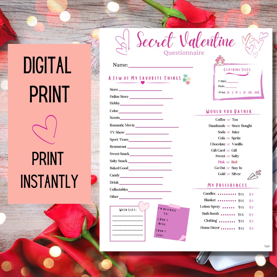 Secret Valentine Questionnaire, Non-alcoholic, Digital Print, Printable ...
