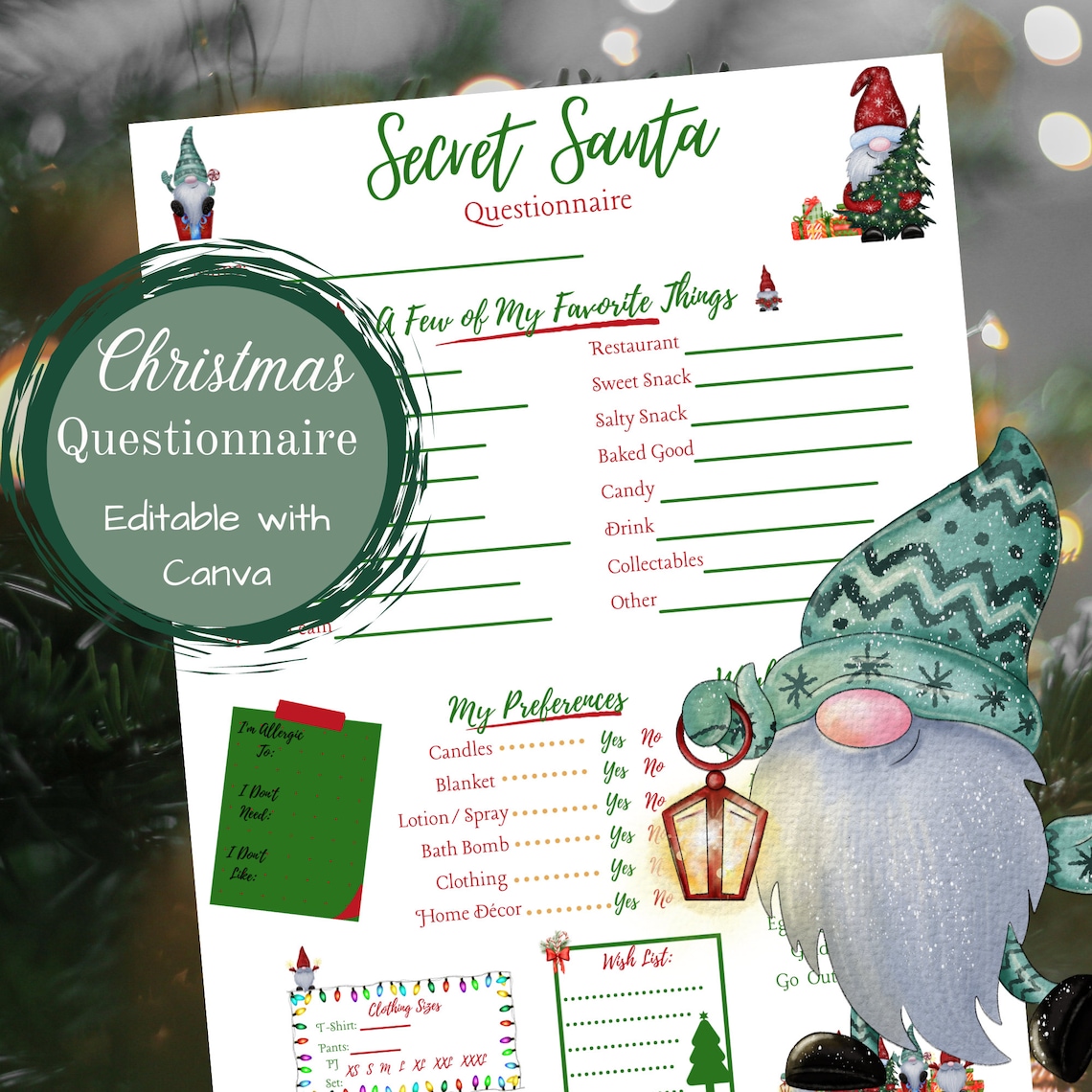 Editable Secret Santa Questionnaire Printable, Canva, Gift Exchange ...