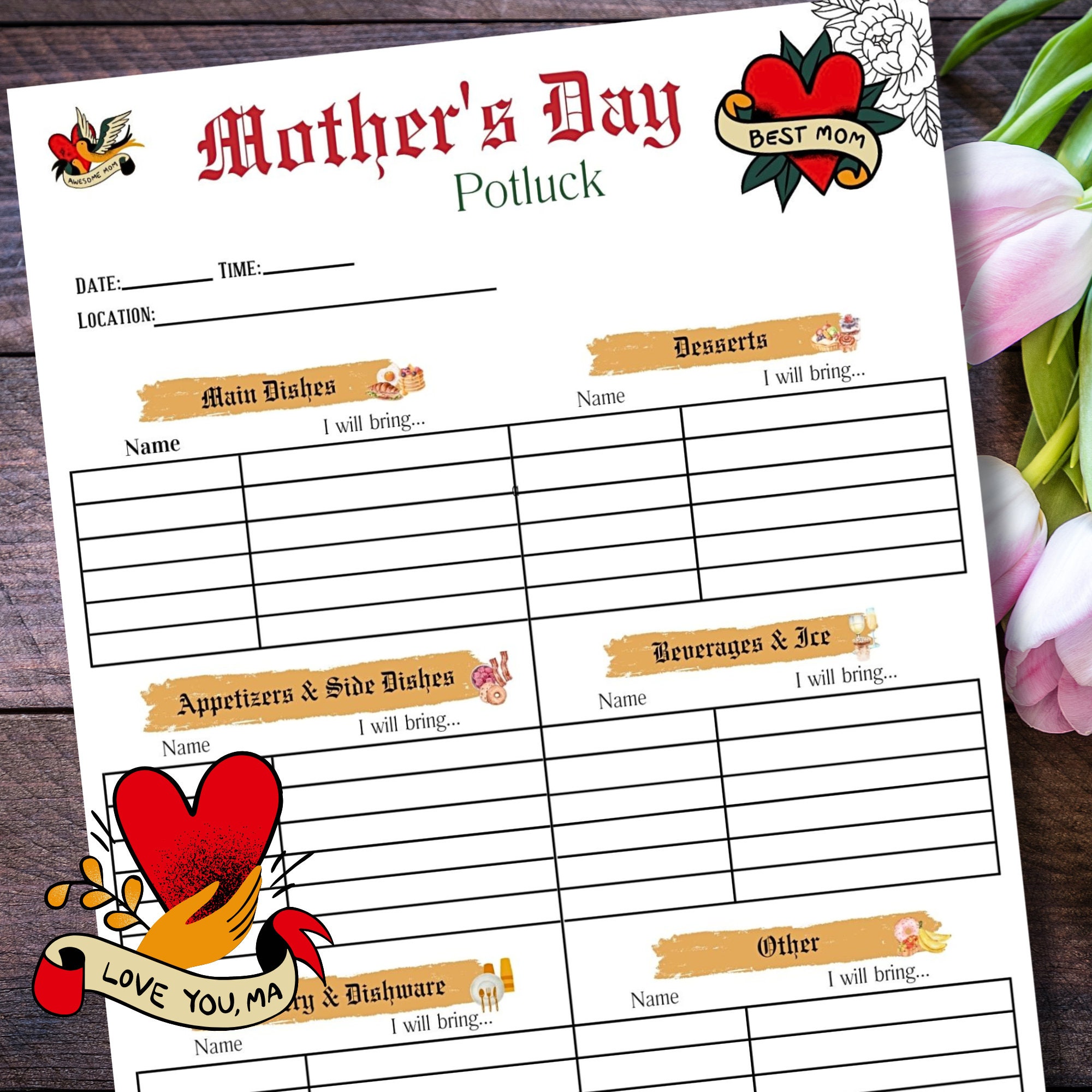 Mother's Day Potluck Sign-up Sheet, Digital Print, Printable, Print ...