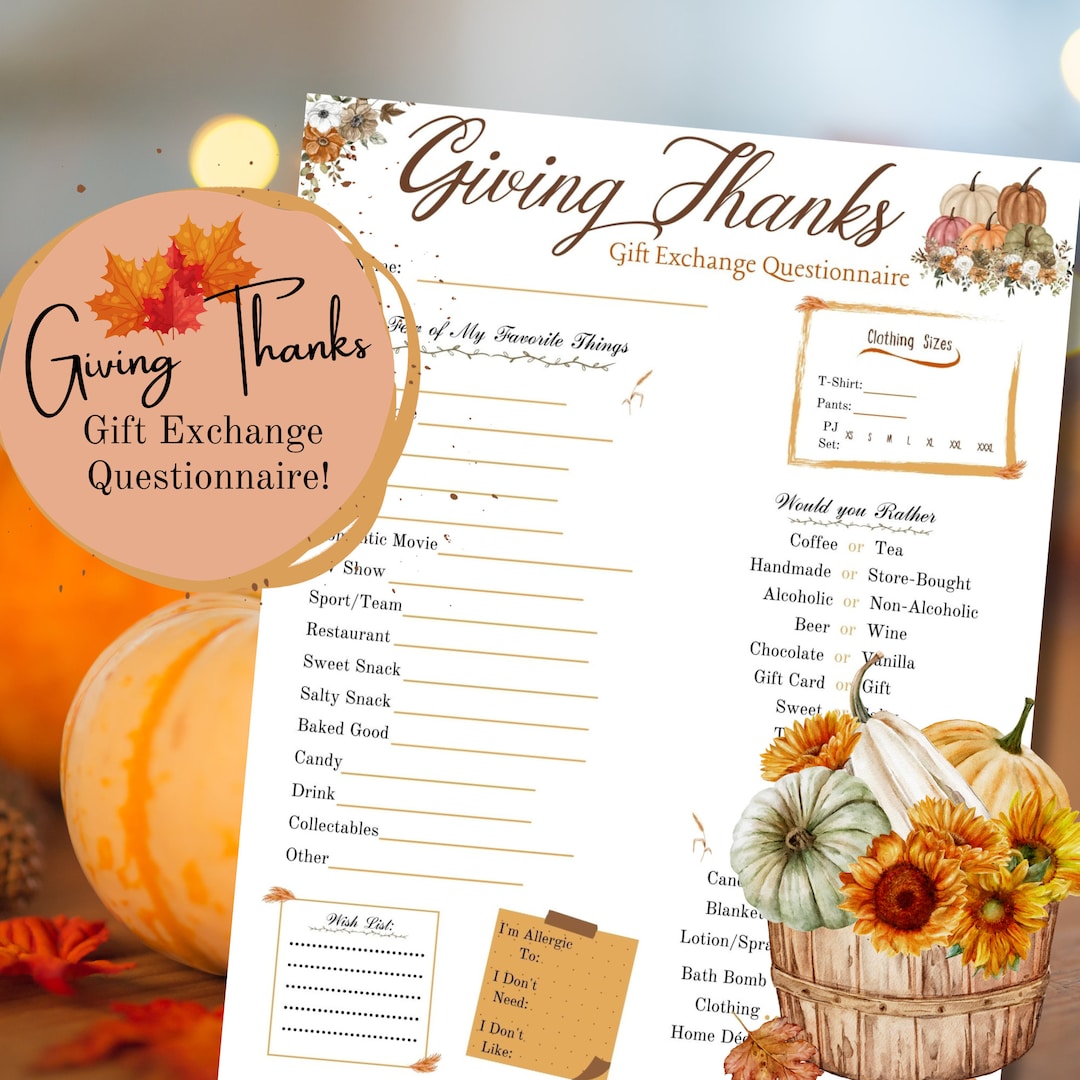 Giving Thanks Gift Exchange Questionnaire, Thanksgiving - Etsy