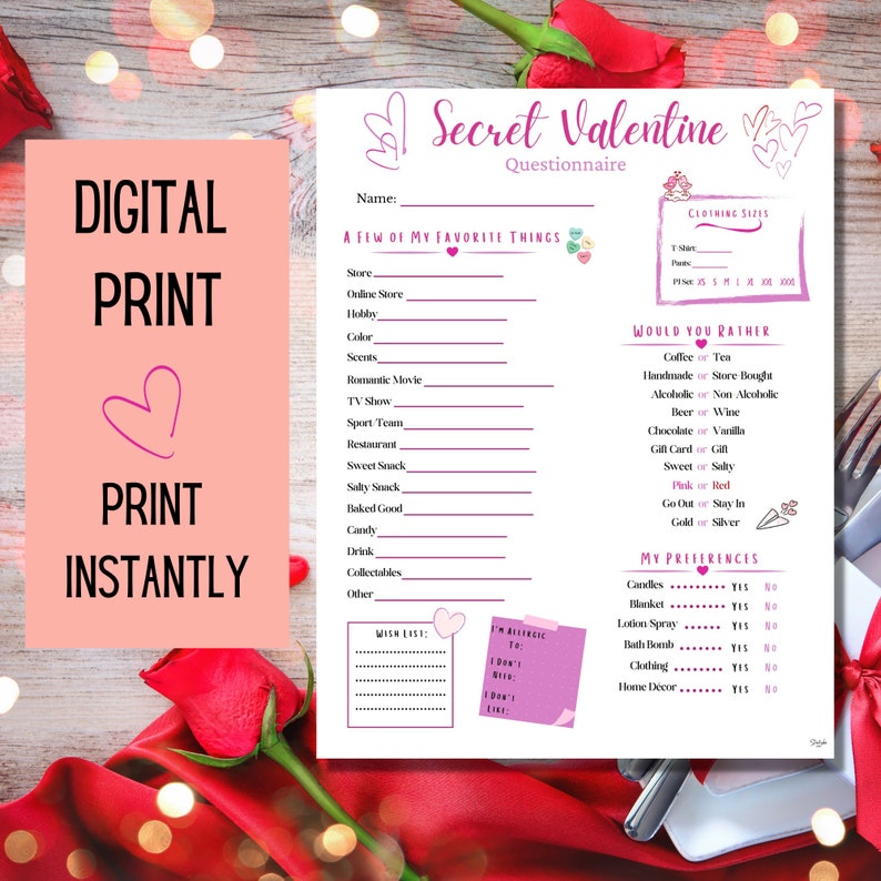 Secret Valentine Questionnaire, Digital Print, Printable, Valentine's ...