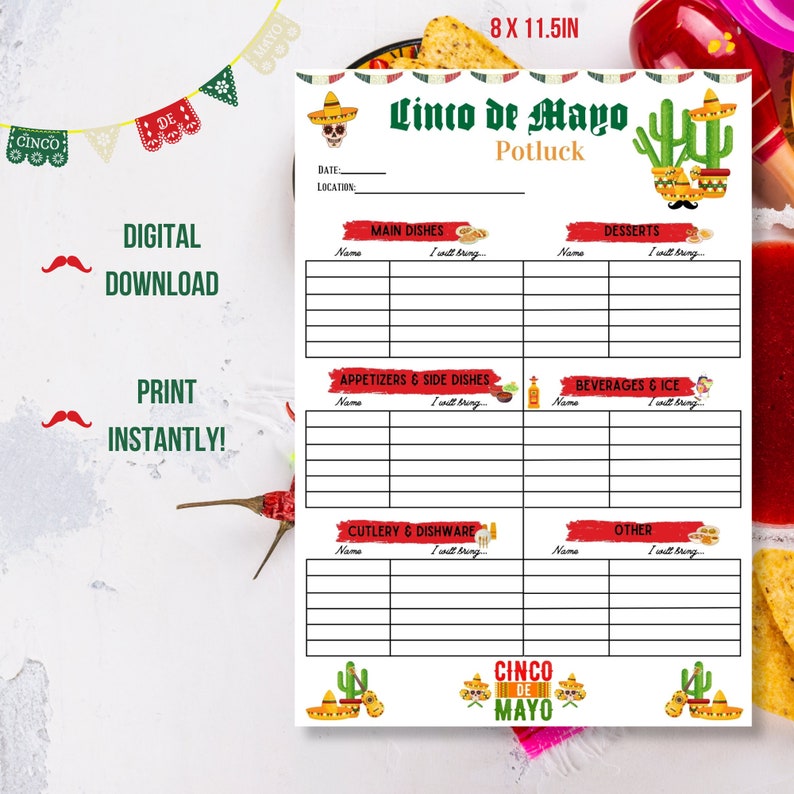 Cinco De Mayo Potluck Sign-up Sheet, Printable, Digital Print - Etsy