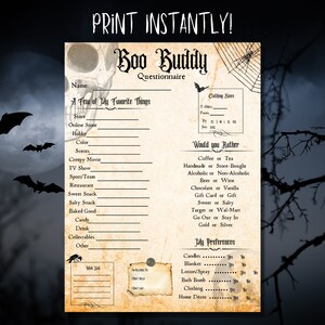 Boo Buddy Questionnaire, Gift Exchange Questionnaire, Halloween, Sign ...