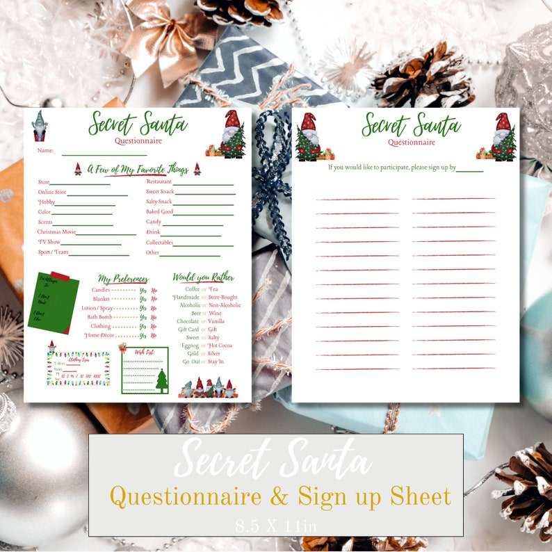 Secret Santa Questionnaire and Sign up Sheet, Gnomes, Digital Print ...