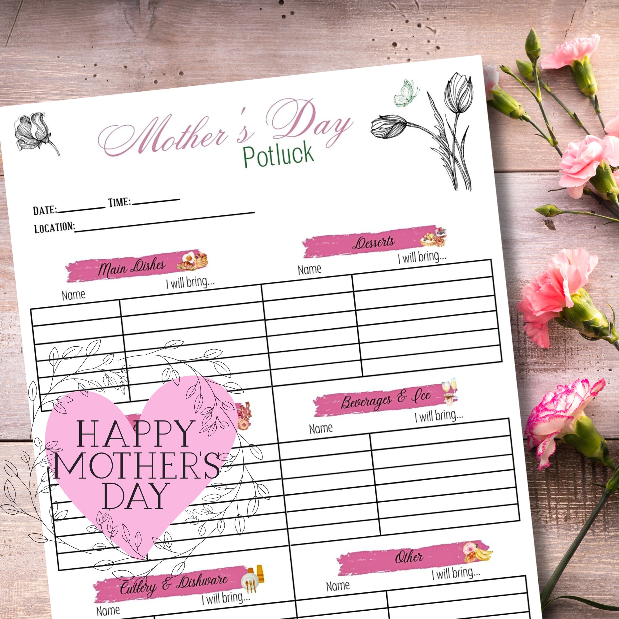 Mother's Day Potluck Sign-up Sheet, Cookout, Party, Digital Print ...