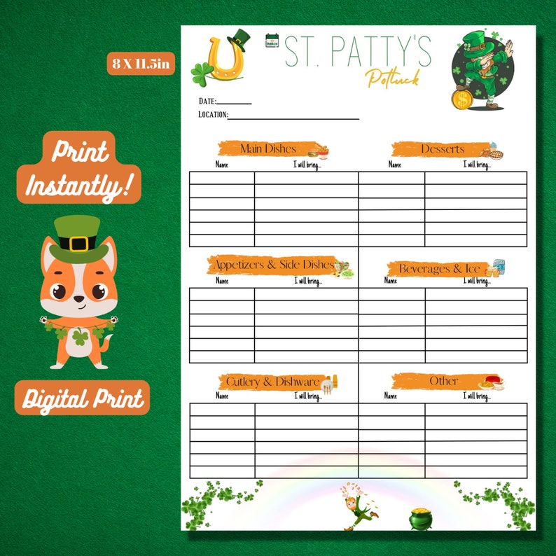 St. Patrick's Day Potluck Sign-up Sheet, Party, Digital Print ...