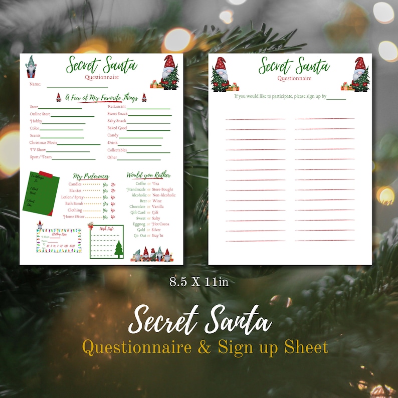 Christmas Printable Bundle, Gnomes, Secret Santa Questionnaire, Sign up ...