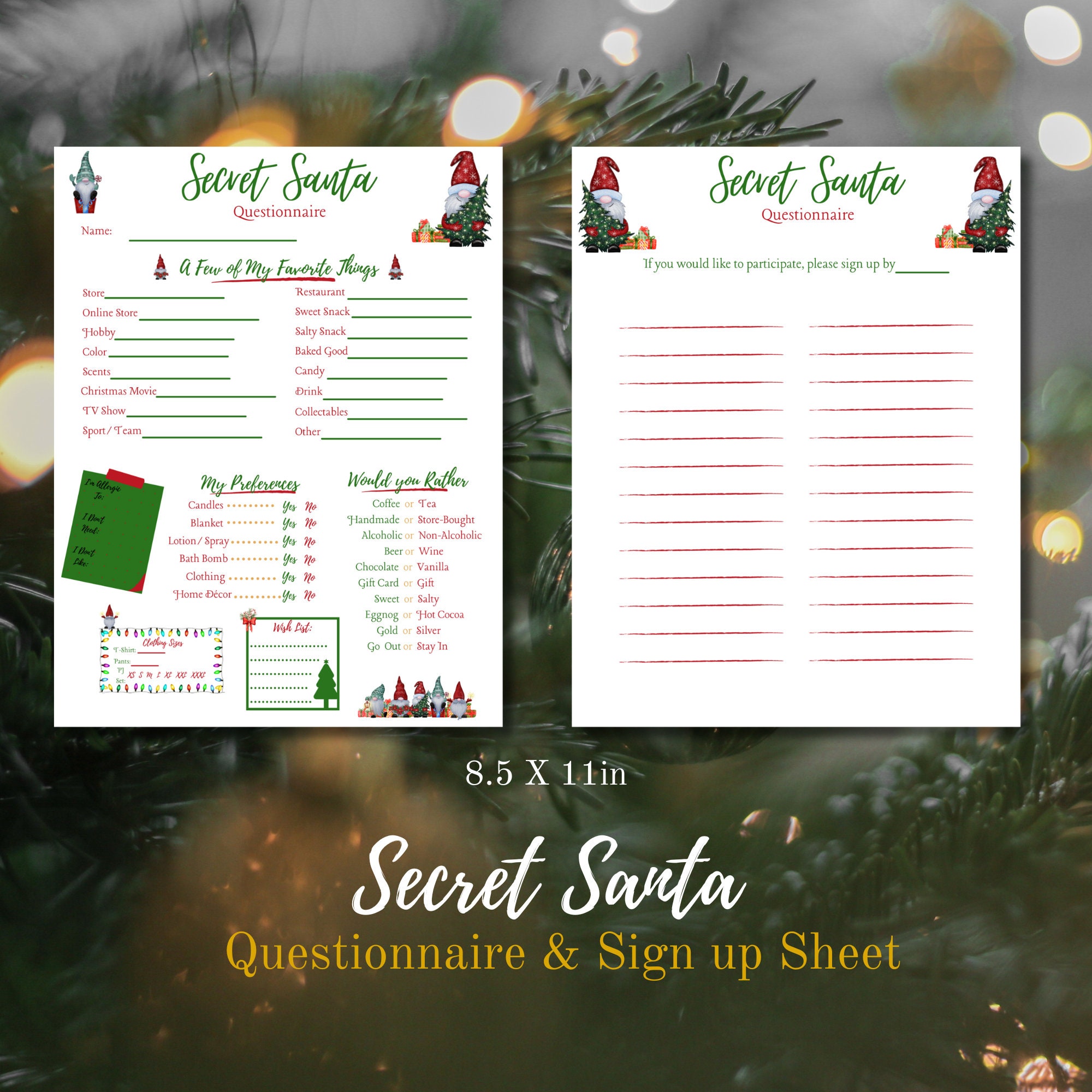 Christmas Printable Bundle, Gnomes, Secret Santa Questionnaire, Sign up ...