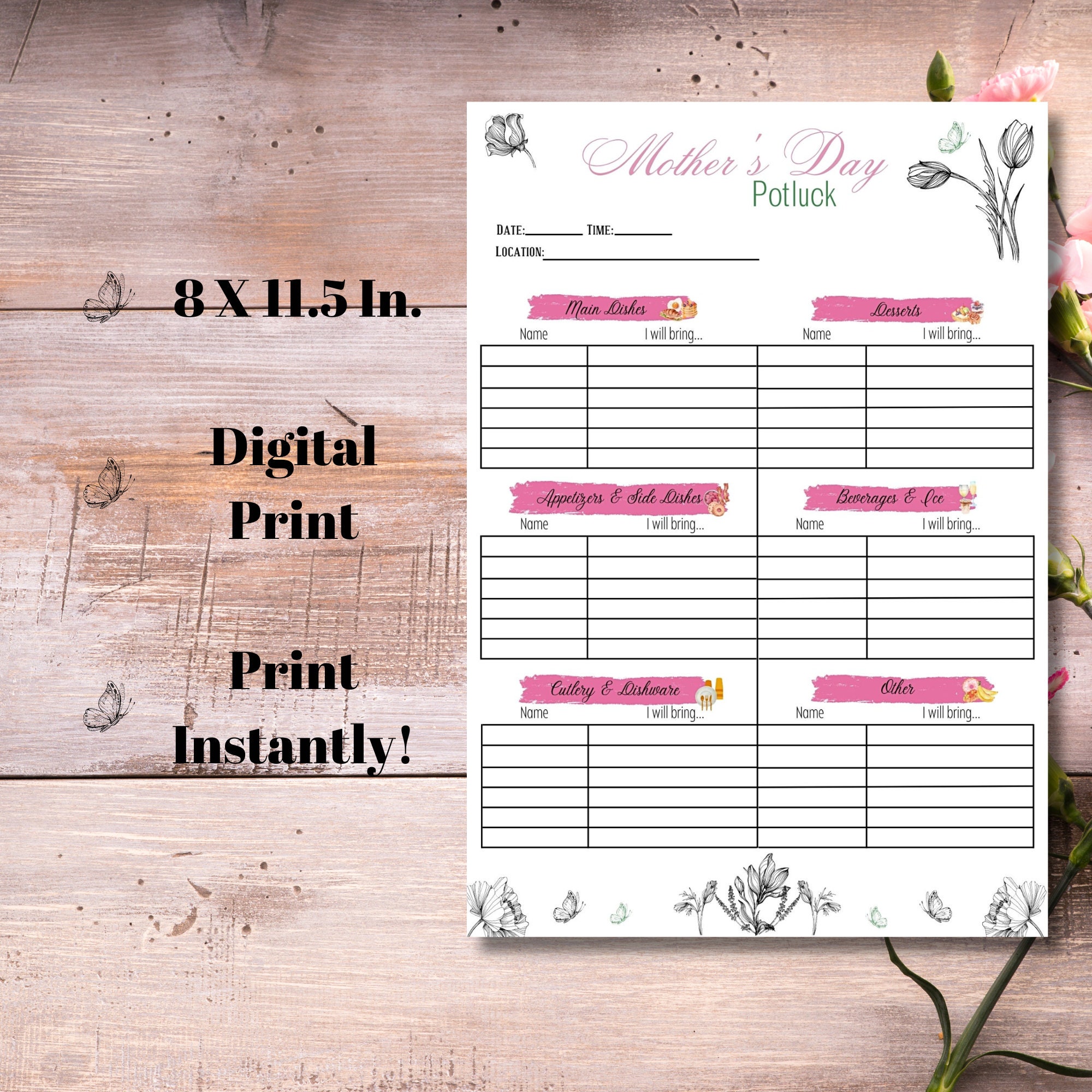 Mother's Day Potluck Sign-up Sheet, Cookout, Party, Digital Print ...
