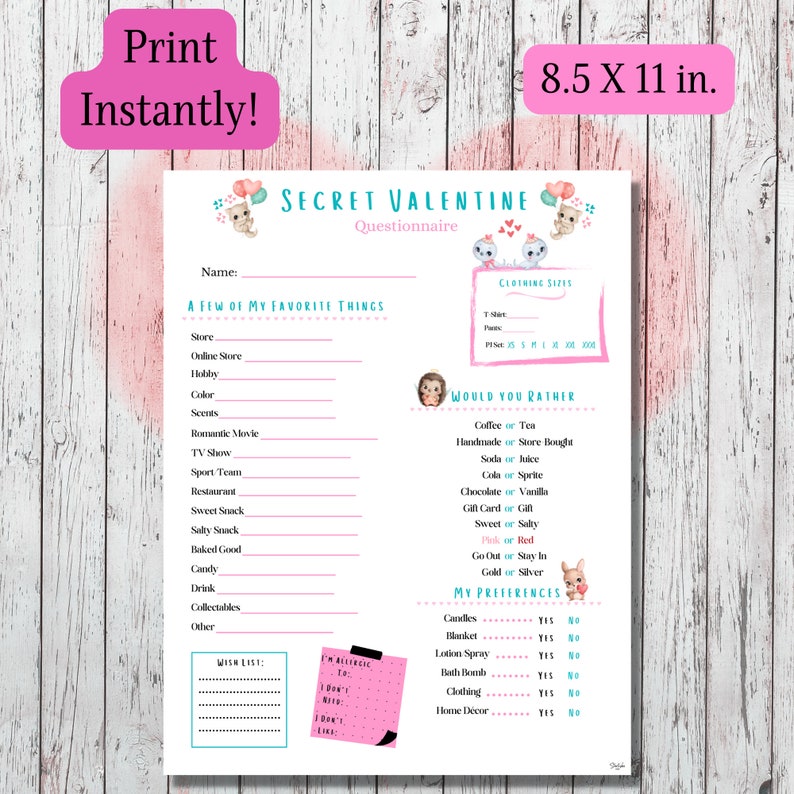 Valentine's Day Questionnaire, Non-alcoholic, Printable, Digital Print ...
