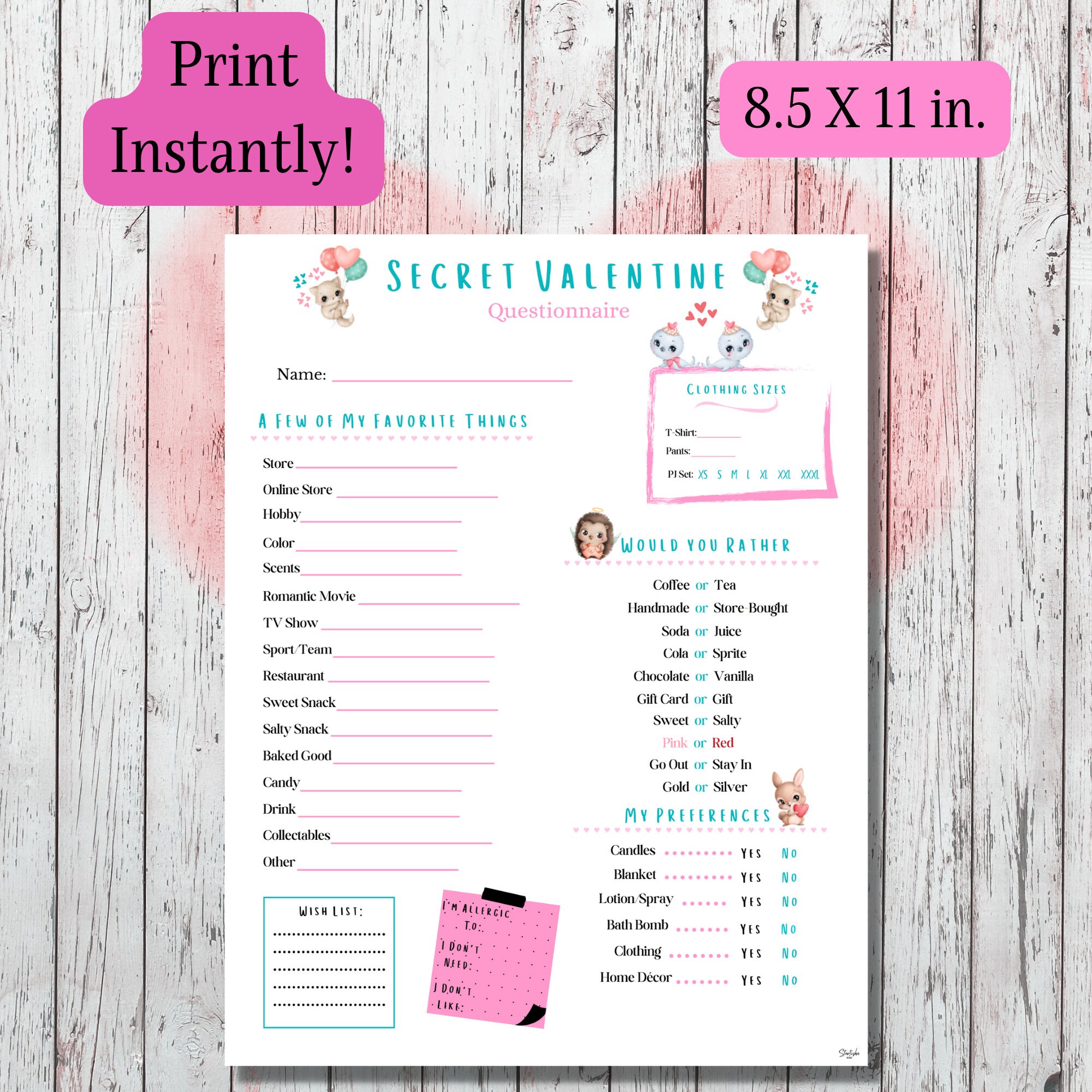 Valentine's Day Questionnaire, Non-alcoholic, Printable, Digital Print ...